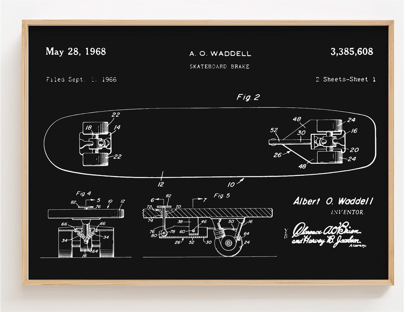 Skateboard Blueprint Poster, Skateboard Patent Wall Art Minimalistic ...