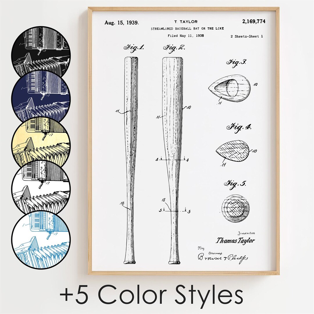 Baseball Bat Blueprint Poster, Baseball Bat Patent Wall Art ...