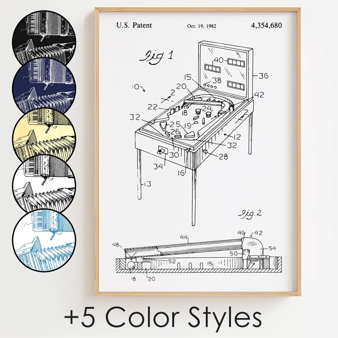 Pinball Machine Blueprint Poster, Pinball Machine Patent Wall Art ...