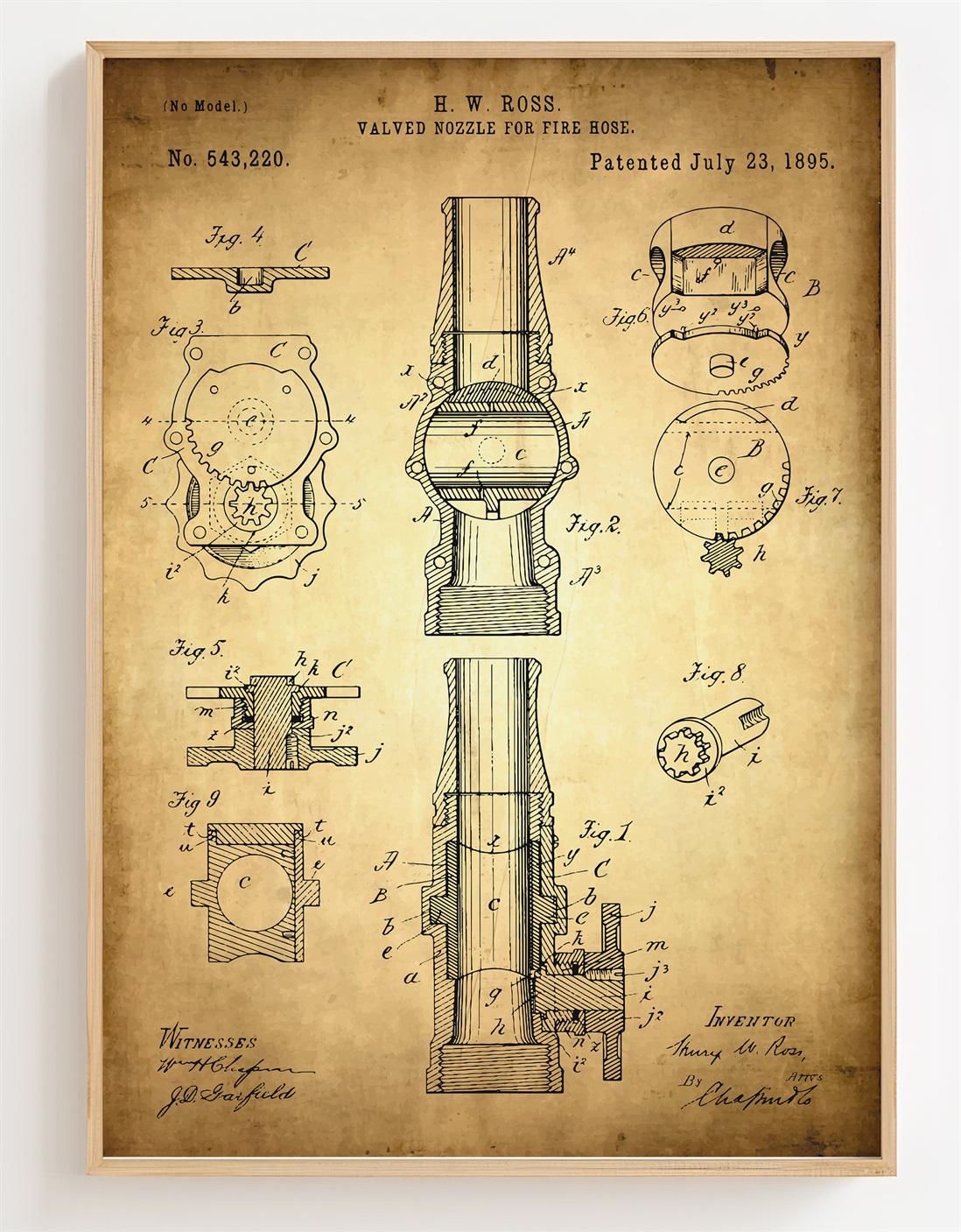 Fire Hose Nozzle Blueprint Poster, Fire Hose Nozzle Patent Wall Art ...