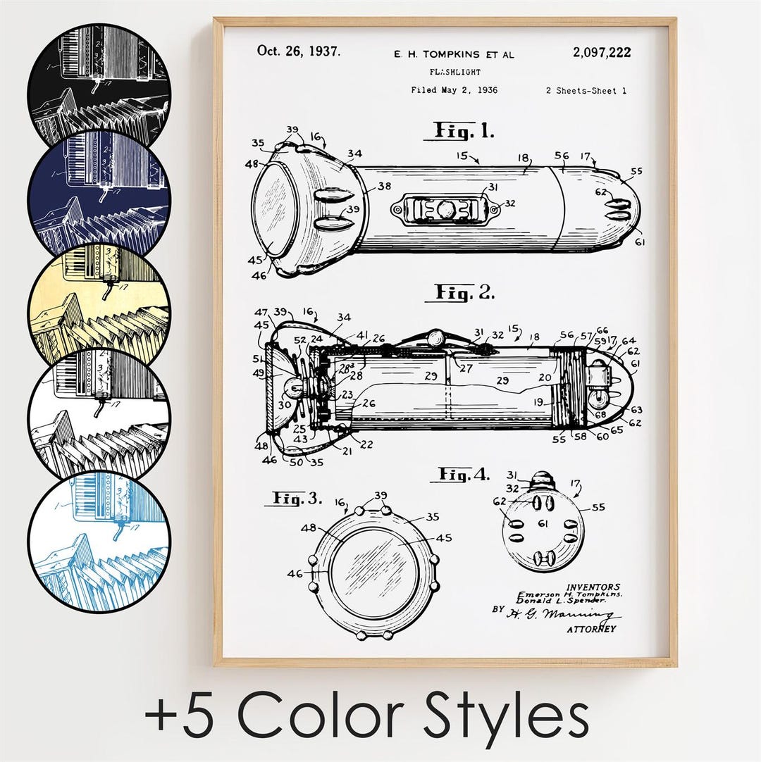 Flashlight Blueprint Poster, Flashlight Patent Wall Art Minimalistic ...