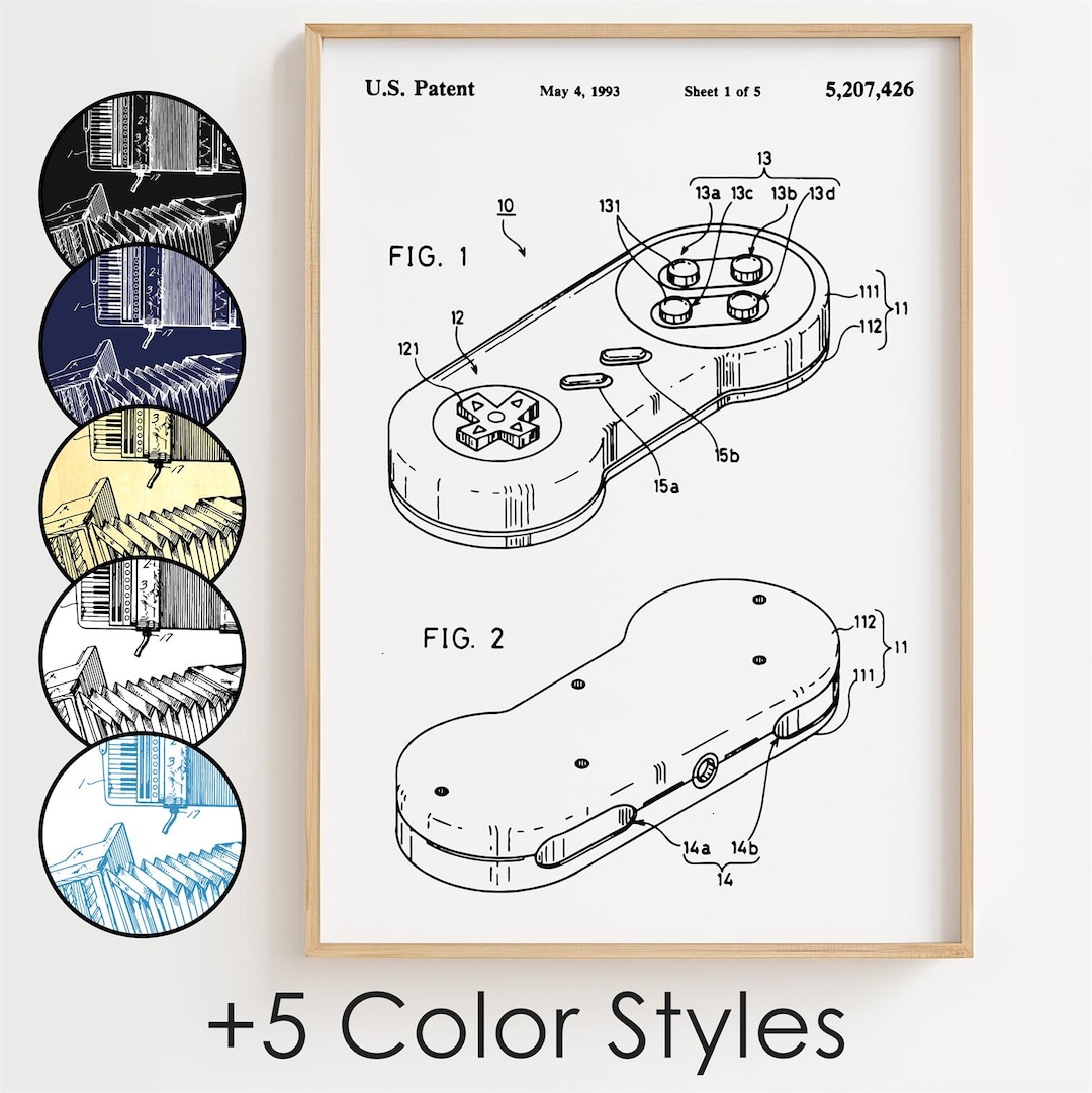 Snes Controller Blueprint Poster, Snes Controller Patent Wall Art ...