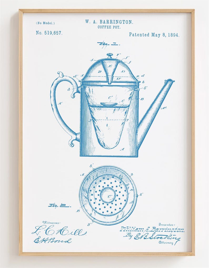 Coffee Pot Blueprint Poster, Coffee Pot Patent Wall Art Minimalistic ...