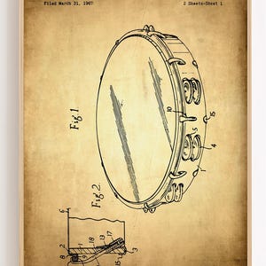 Tambourine Blueprint Poster, Tambourine Patent Wall Art Minimalistic ...