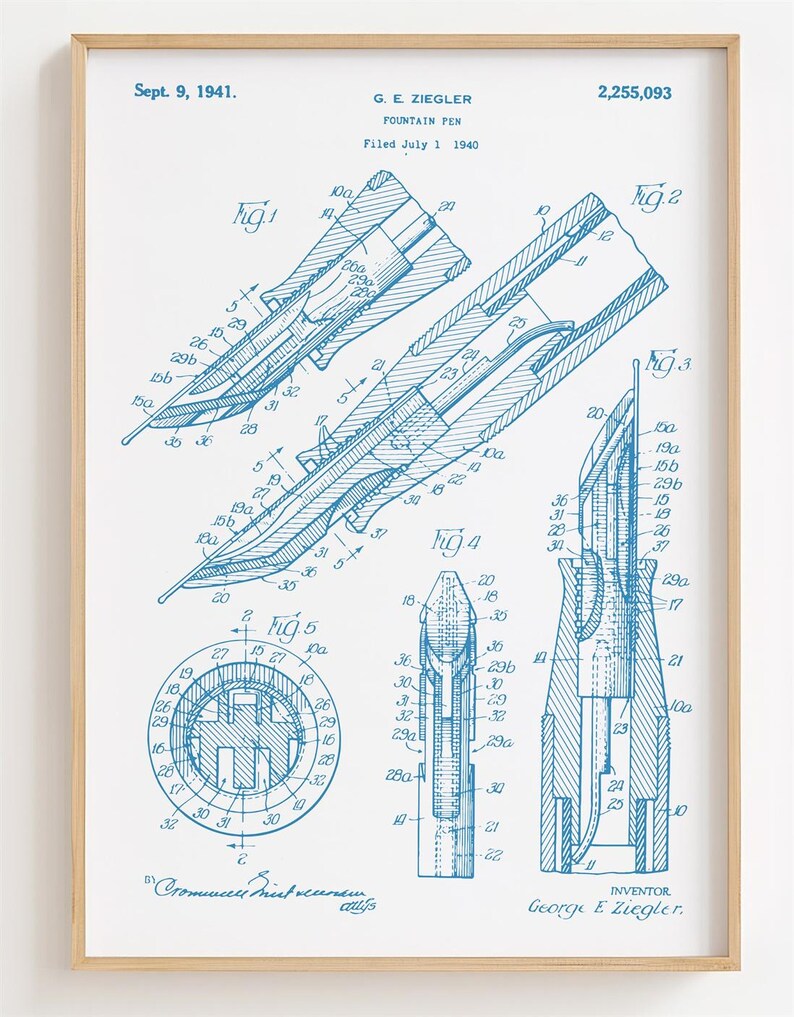 Fountain Pen Blueprint Poster, Fountain Pen Patent Wall Art Minimalistic, Gift Decor [UNFRAMED ...