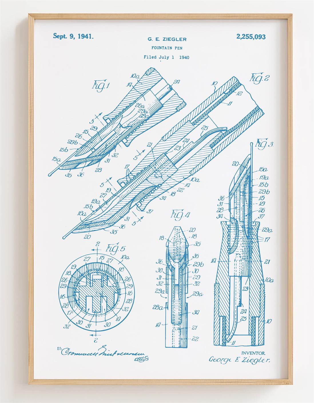Fountain Pen Blueprint Poster, Fountain Pen Patent Wall Art ...