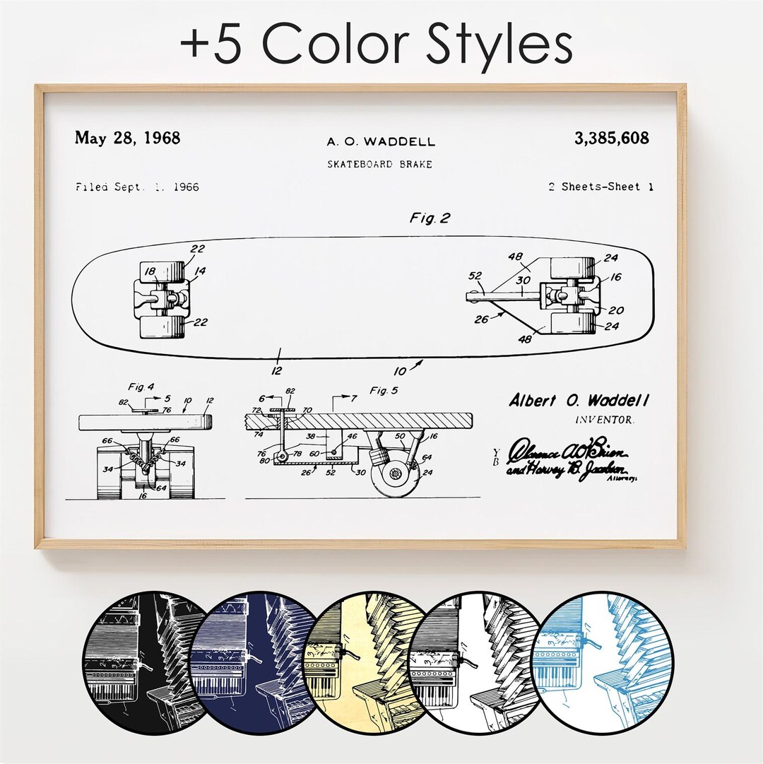 Skateboard Blueprint Poster, Skateboard Patent Wall Art Minimalistic ...