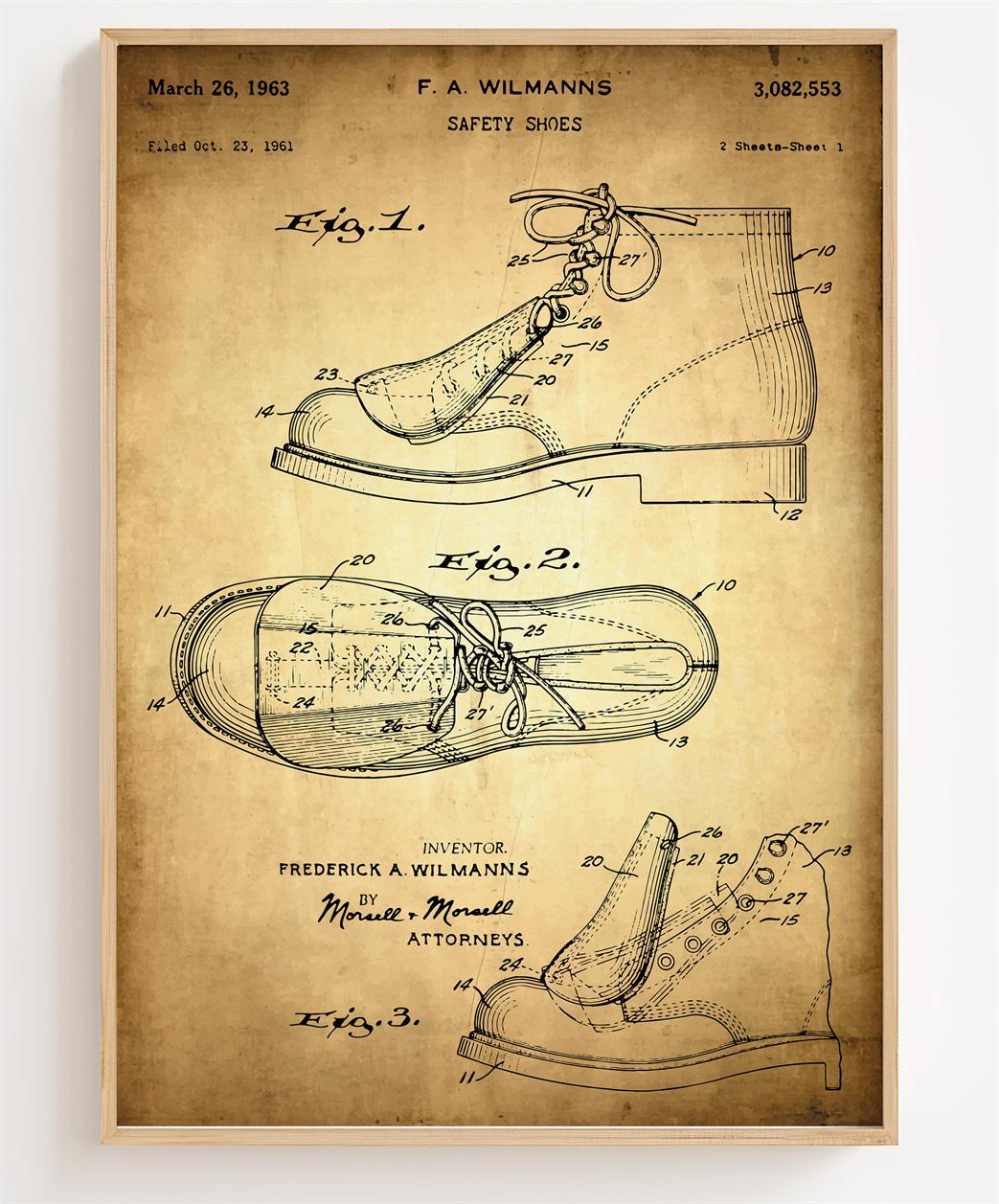 Safety Shoe Blueprint Poster, Safety Shoe Patent Wall Art Minimalistic ...