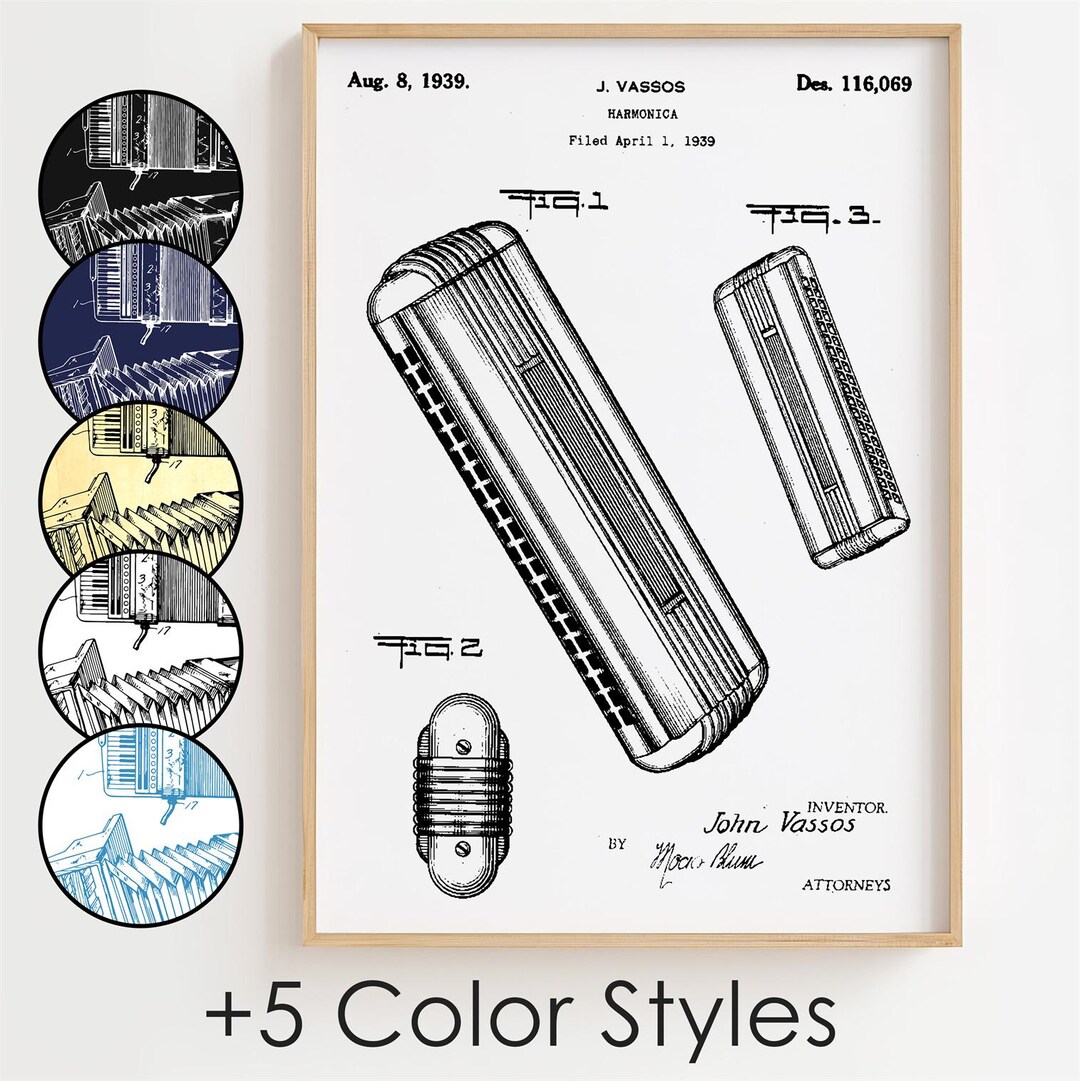 Harmonica Blueprint Poster, Harmonica Patent Wall Art Minimalistic ...