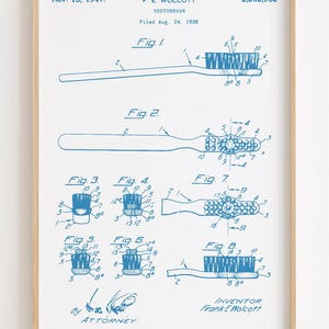 Toothbrush Blueprint Poster, Toothbrush Patent Wall Art Minimalistic ...