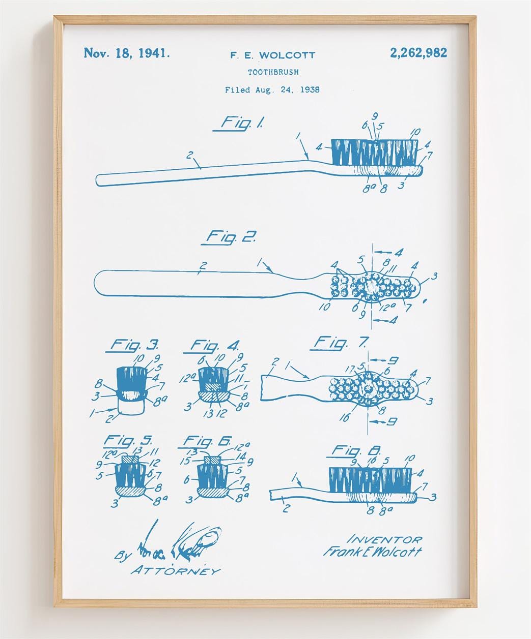 Toothbrush Blueprint Poster, Toothbrush Patent Wall Art Minimalistic ...