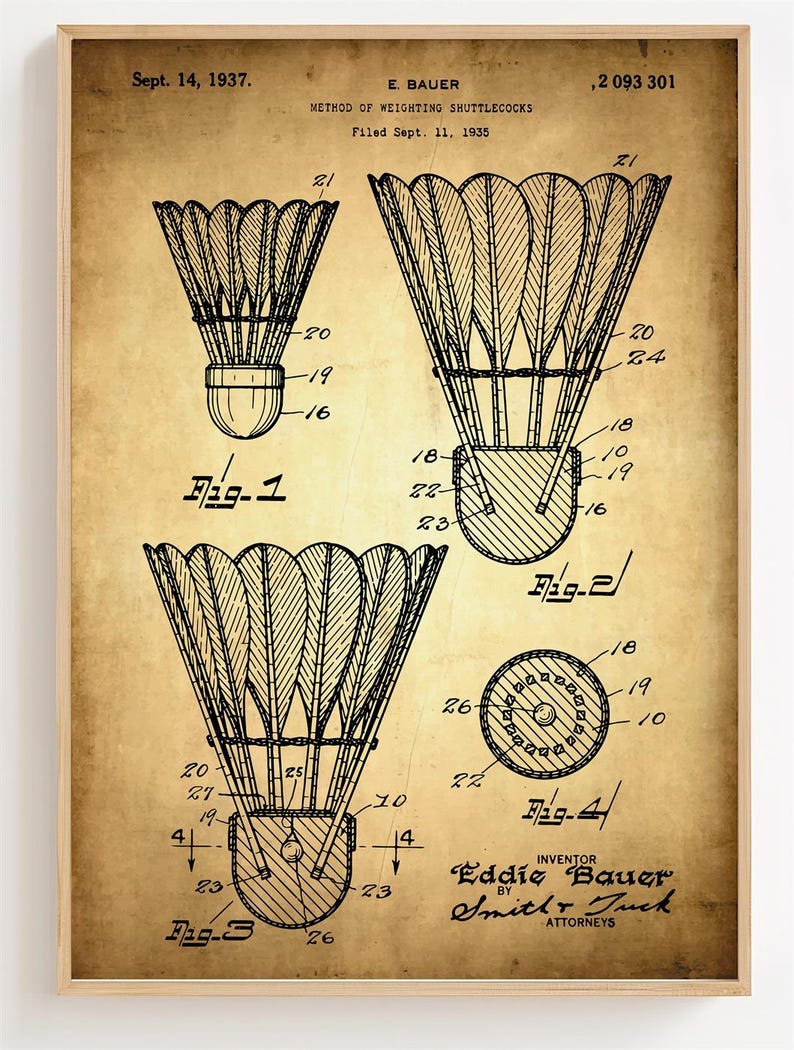 Badminton Shuttle Blueprint Poster, Badminton Shuttle Patent Wall Art ...