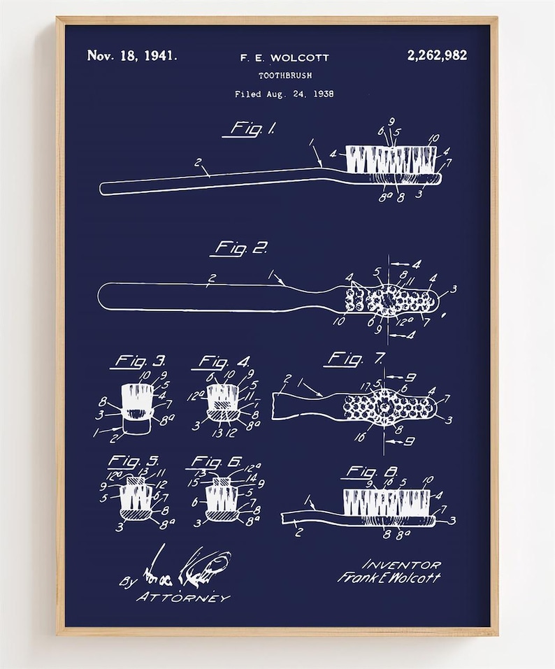 Toothbrush Blueprint Poster, Toothbrush Patent Wall Art Minimalistic ...