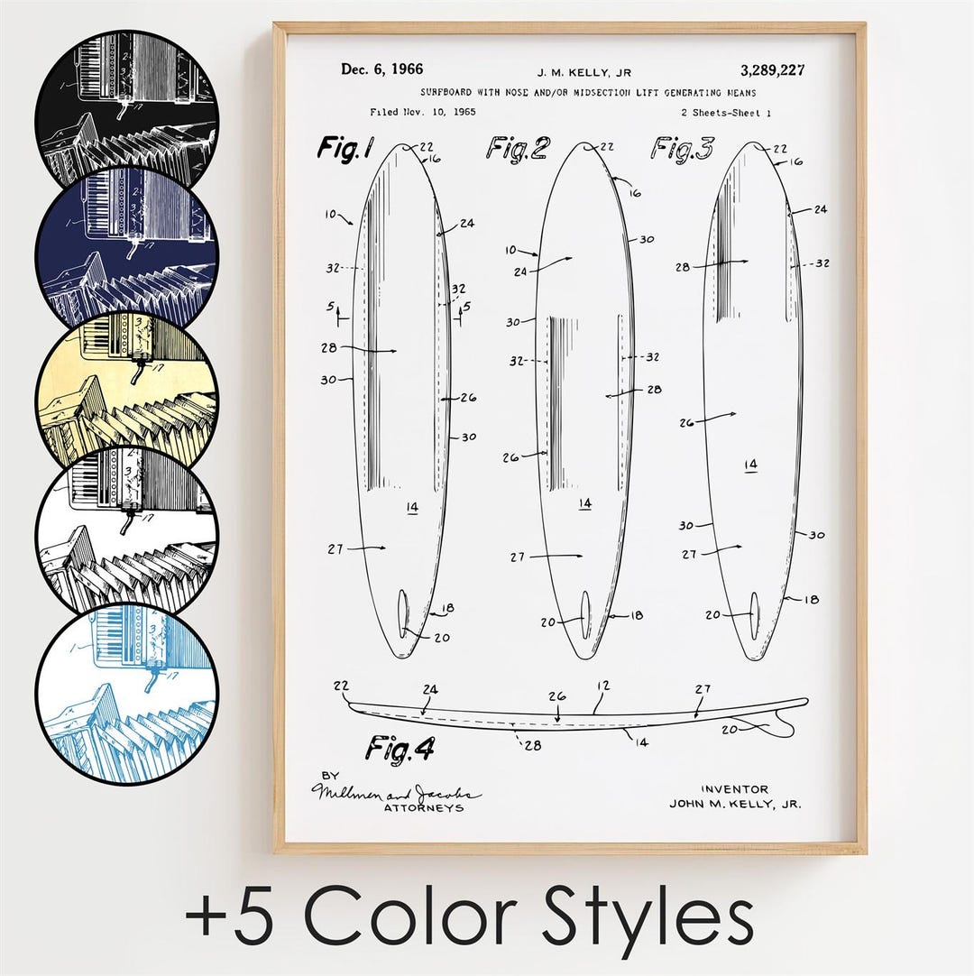 Surfboard Blueprint Poster, Surfboard Patent Wall Art Minimalistic ...