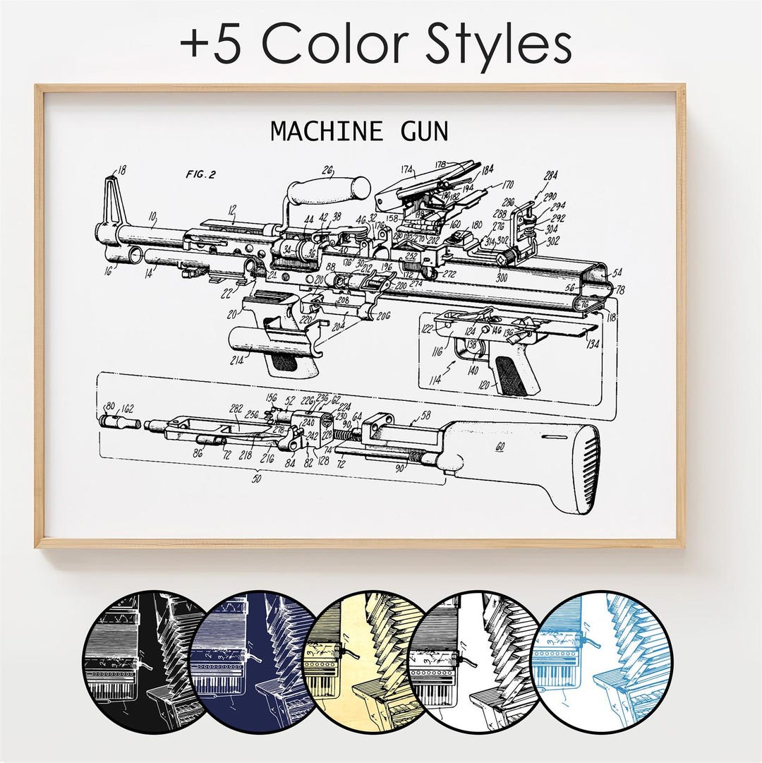 Machine Gun Blueprint Poster, Machine Gun Patent Wall Art Minimalistic ...