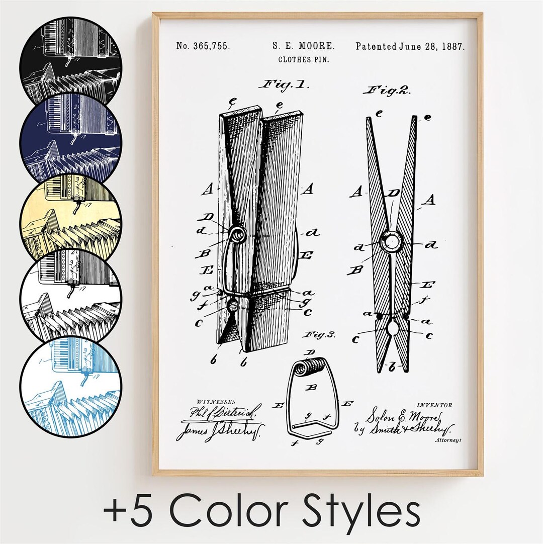 Clothes Pin Blueprint Poster, Clothes Pin Patent Wall Art Minimalistic ...