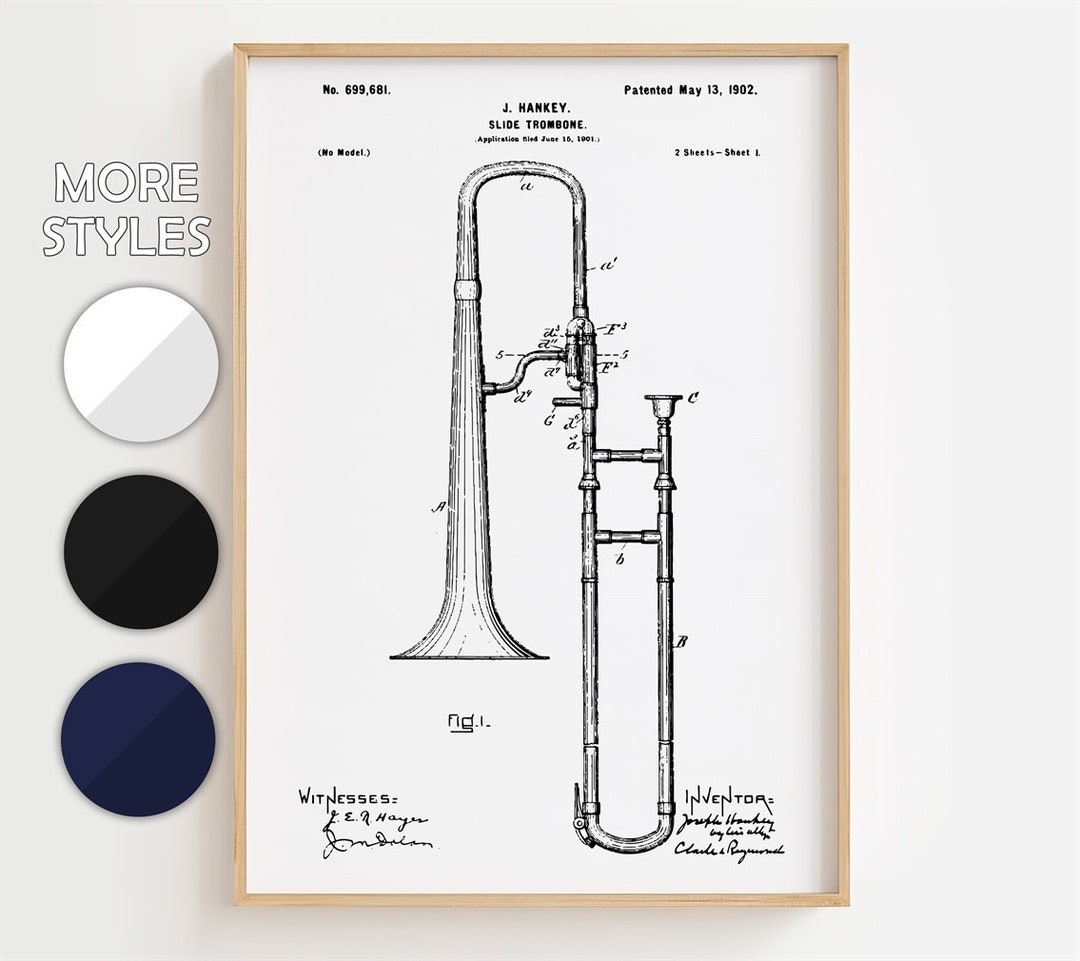 Trombone Blueprint Poster, Patent Wall Art Minimalistic, Gift Decor ...