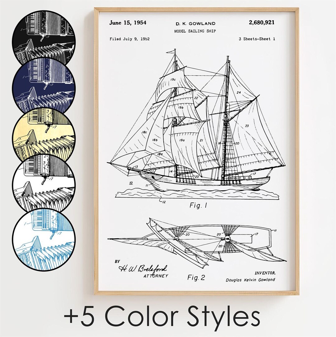 Sailing Ship Blueprint Poster, Sailing Ship Patent Wall Art ...