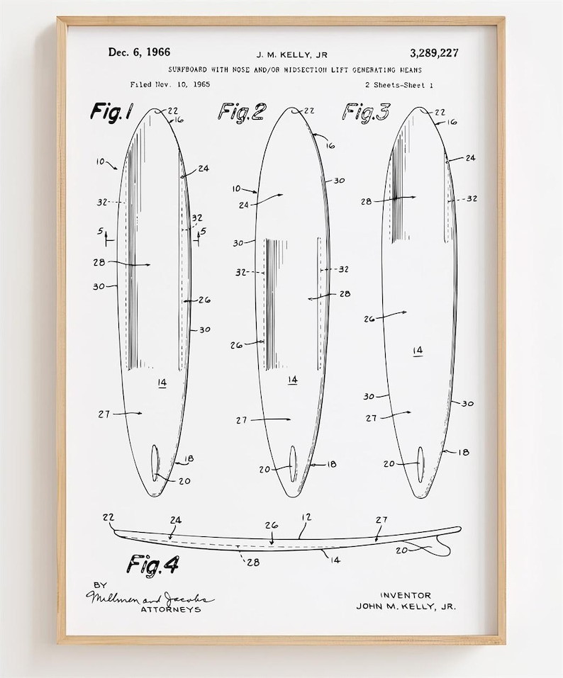 Surfboard Blueprint Poster, Surfboard Patent Wall Art Minimalistic ...