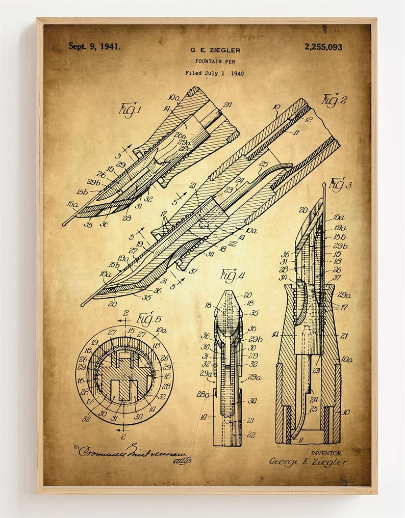Fountain Pen Blueprint Poster, Fountain Pen Patent Wall Art ...