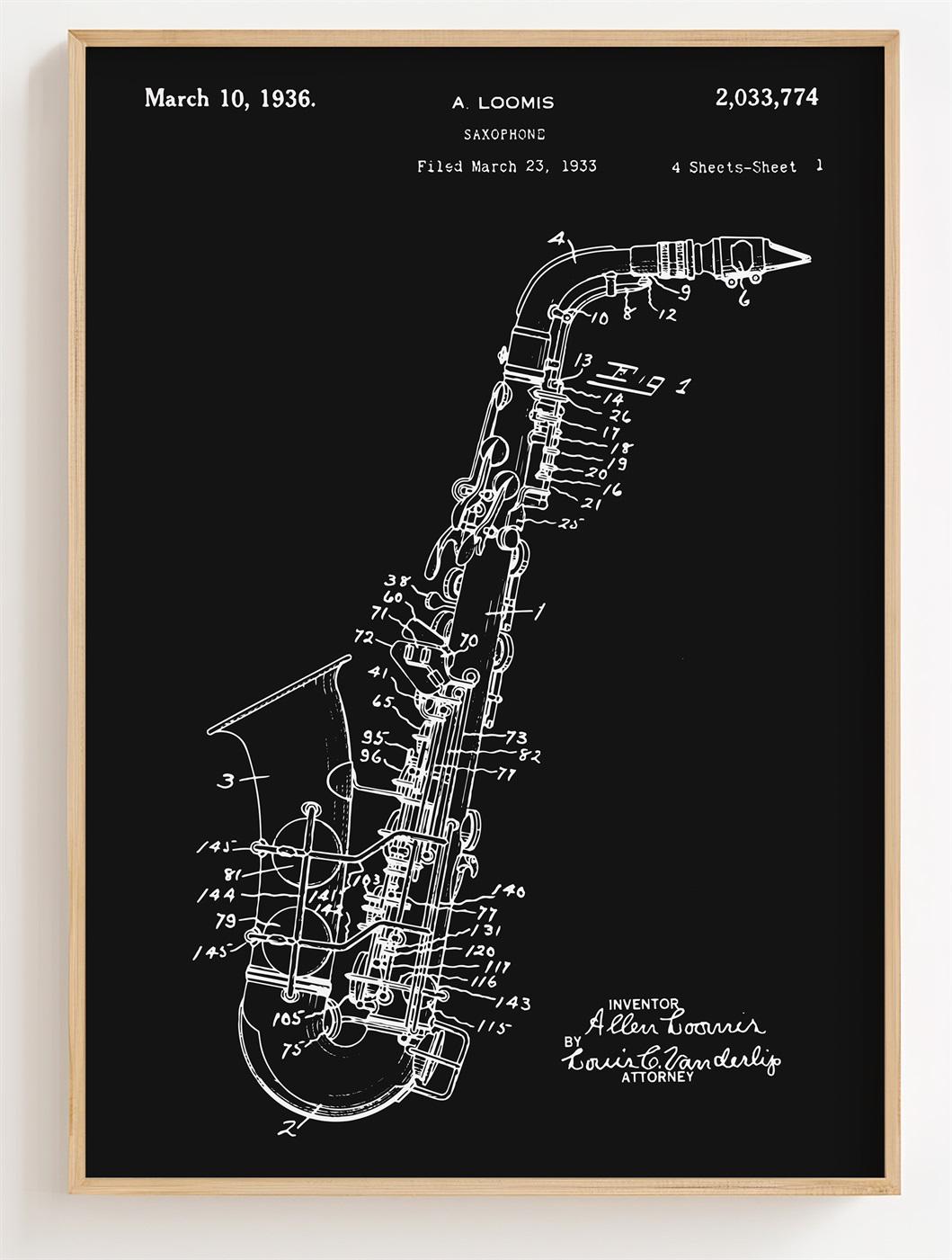 Saxophone Blueprint Poster, Saxophone Patent Wall Art Minimalistic ...