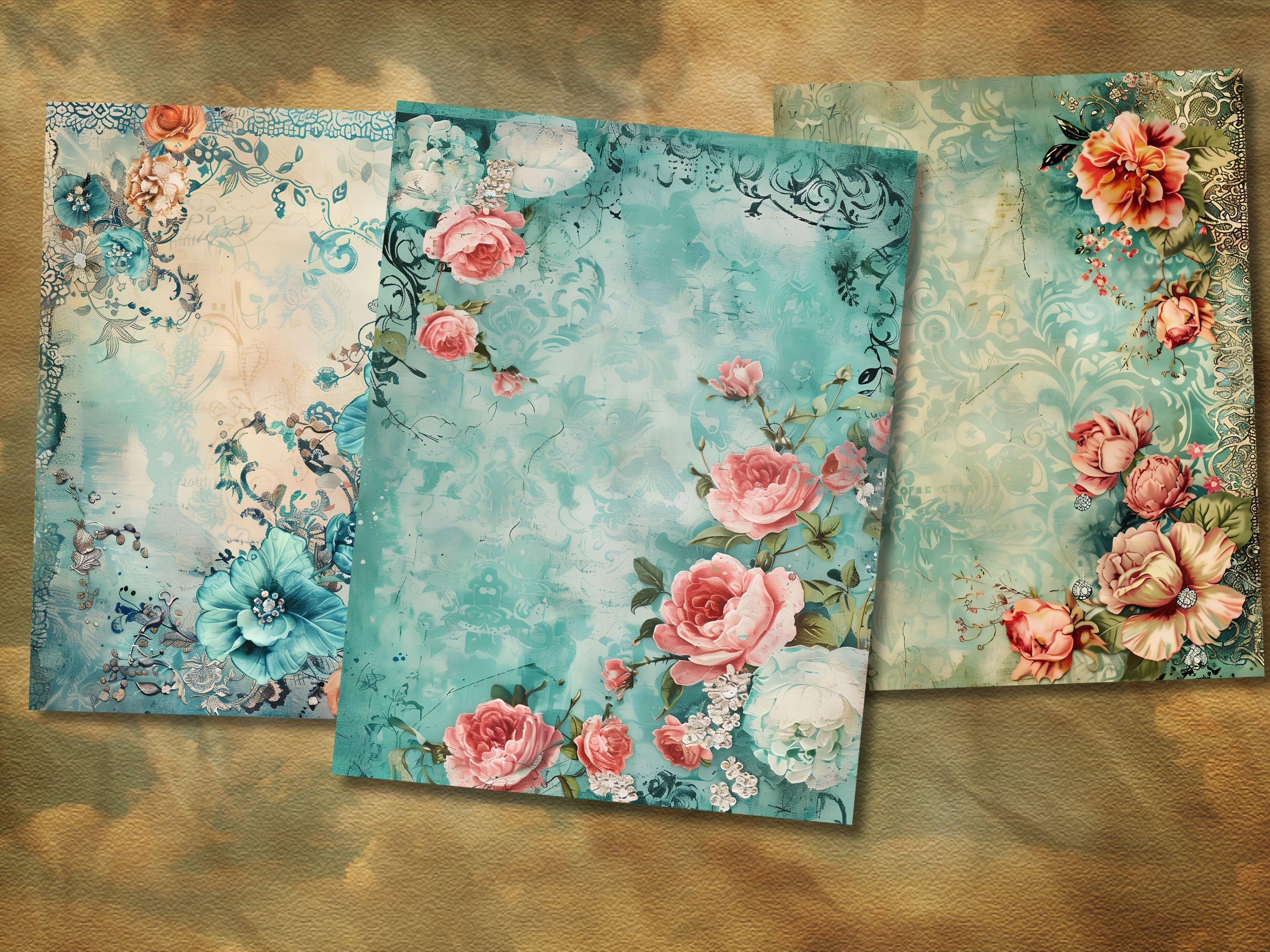 33 Teal Victorian Papers, Junk Journal Pages, 8.5x11 Inch, Printable ...