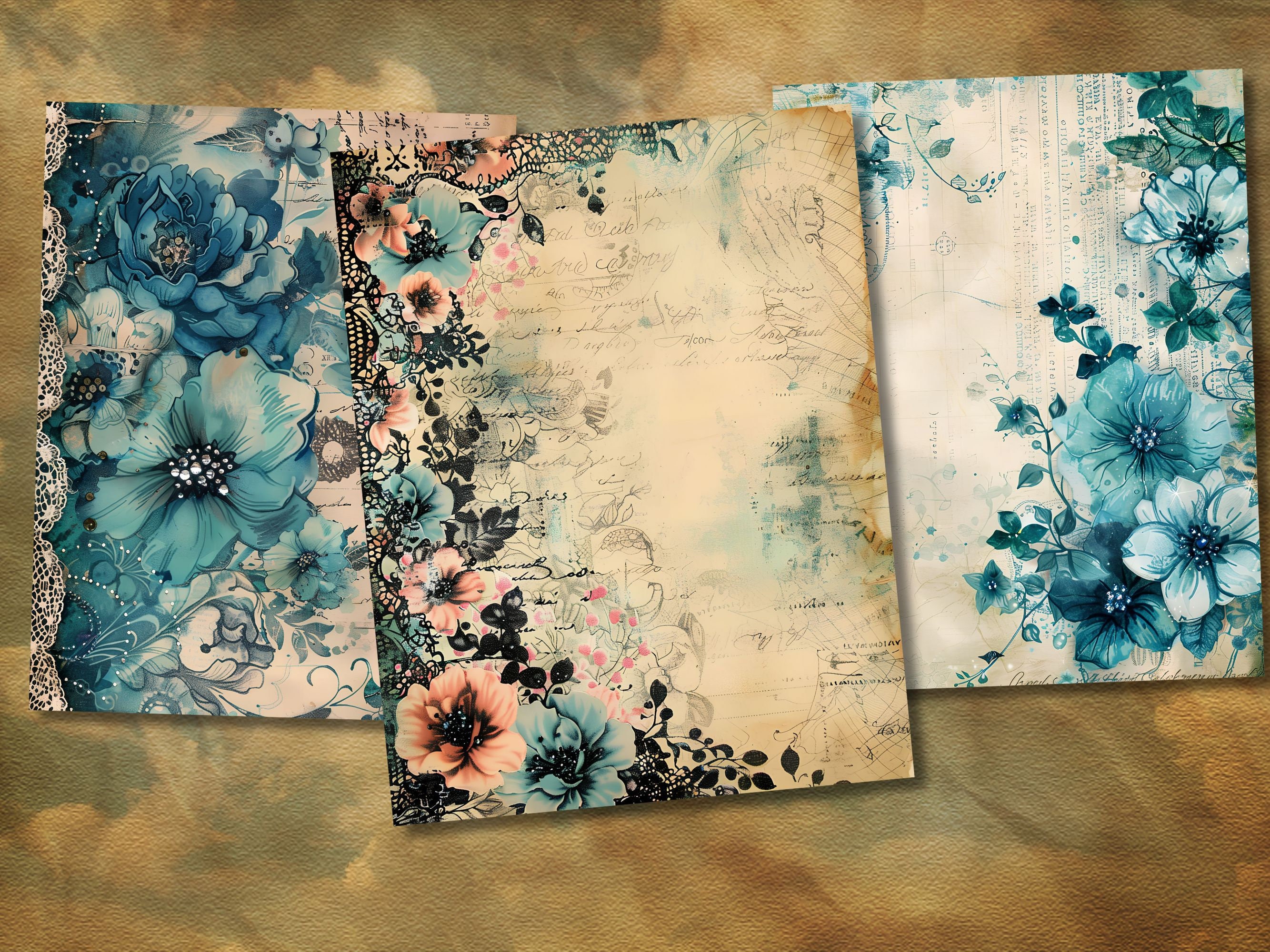 33 Teal Victorian Papers, Junk Journal Pages, 8.5x11 Inch, Printable ...