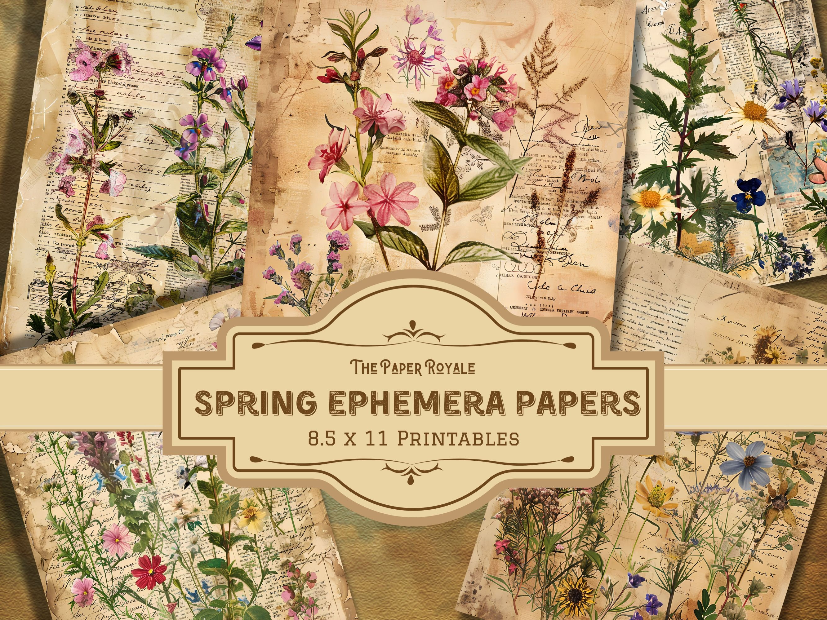 22 Spring Ephemera Papers, Junk Journal, 8.5x11 Inch, Printable, Seasonal Floral Design ...