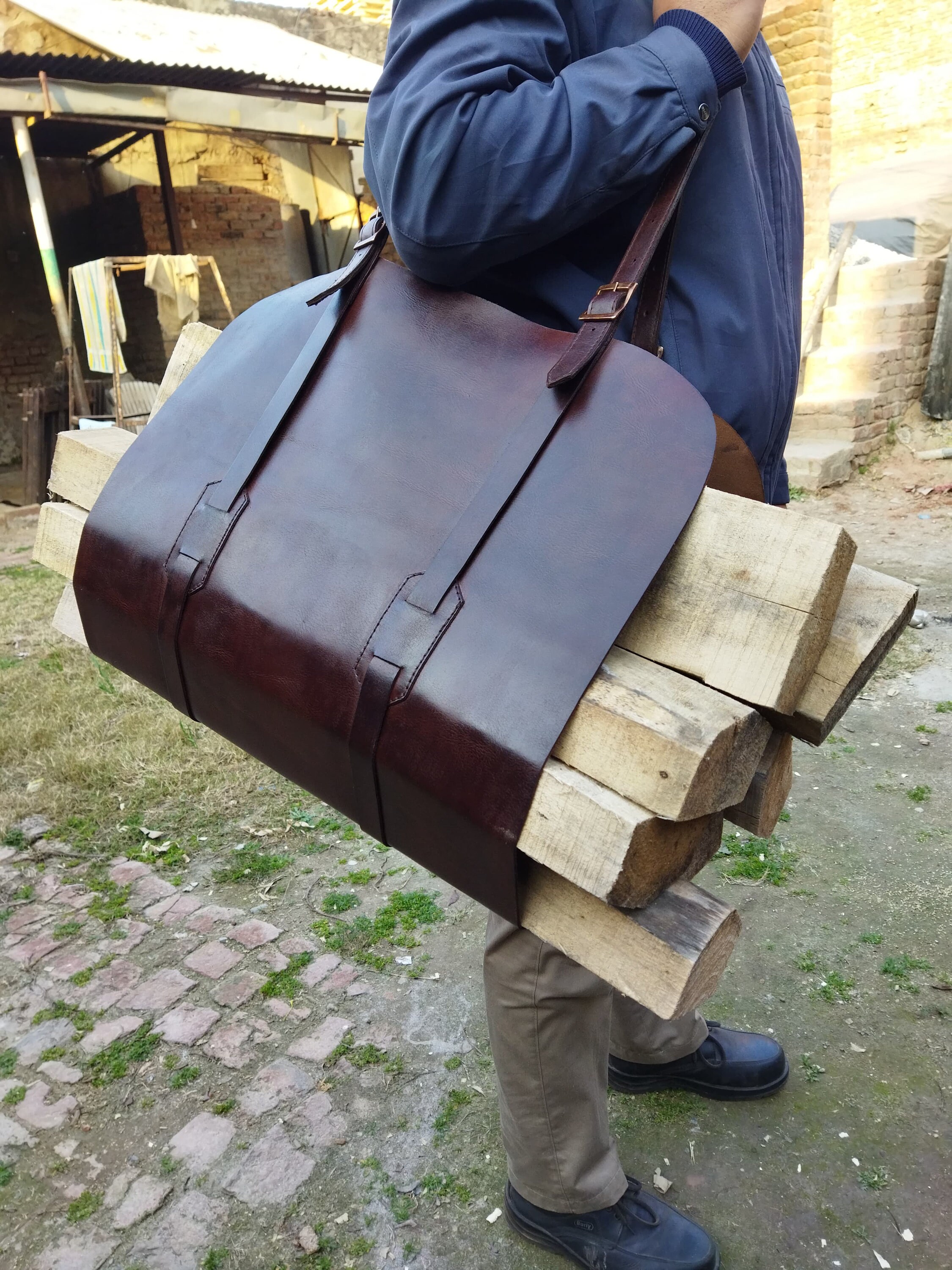 Personalized Leather Firewood Log Carrier With Brass Hardware, Water ...