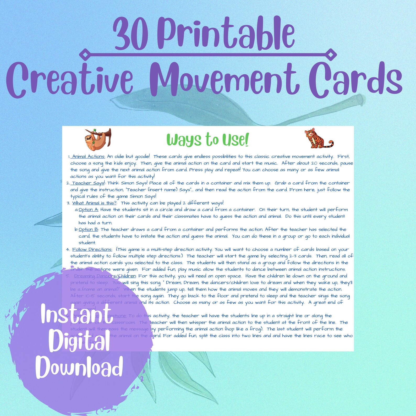 30 Printable Creative Movement Cards Animal Action Downloads Fun ...