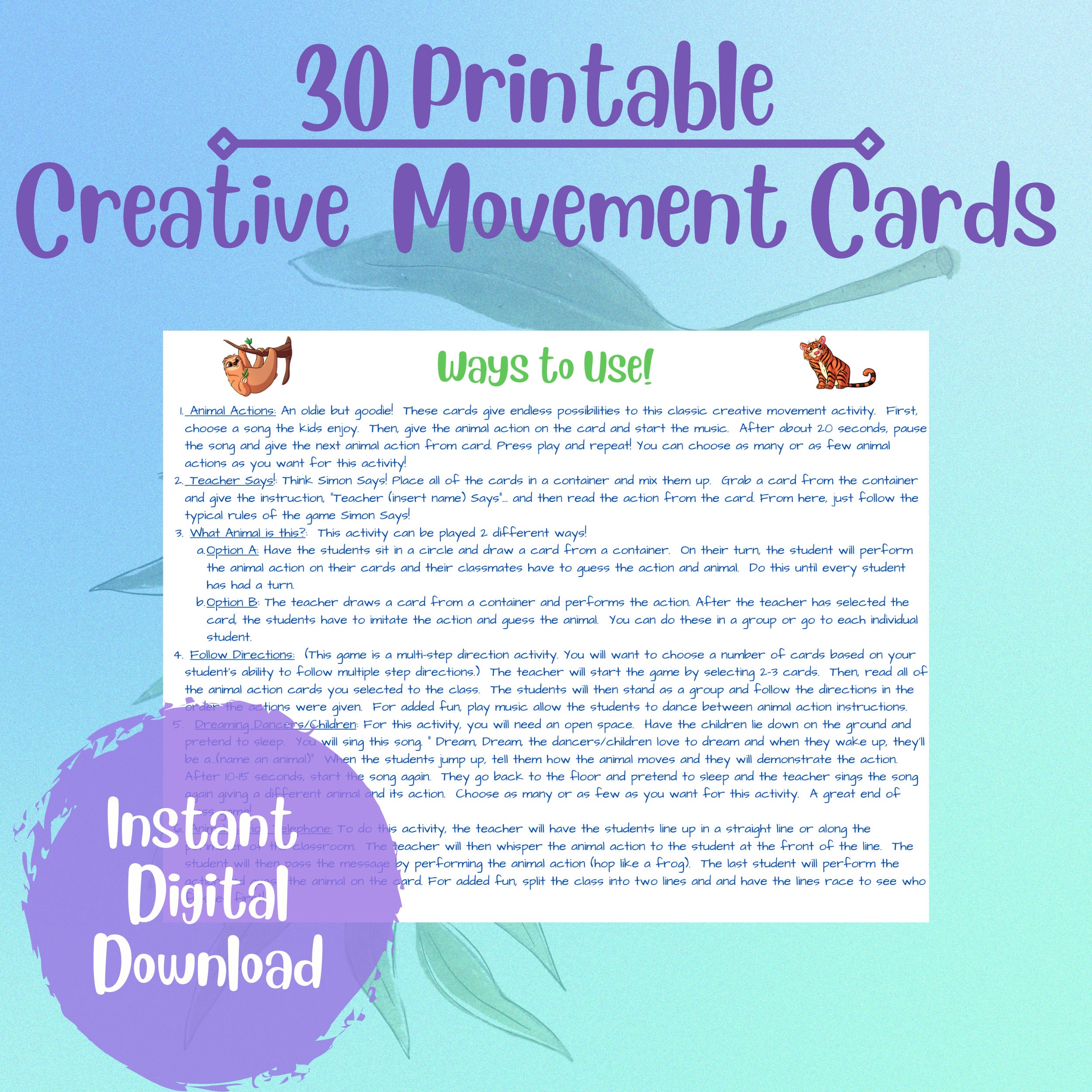 30 Printable Creative Movement Cards Animal Action Downloads Fun ...
