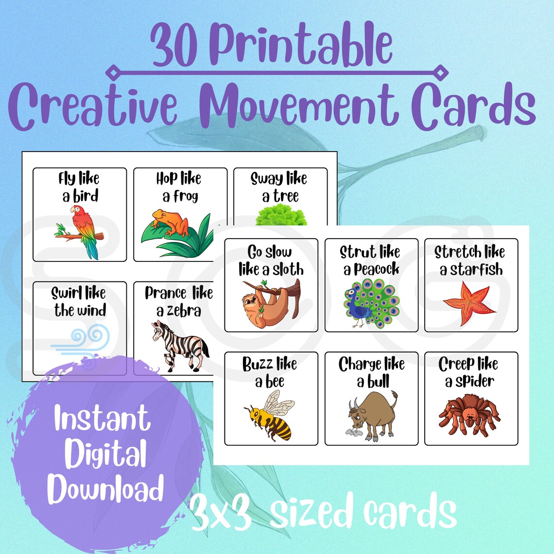 30 Printable Creative Movement Cards Animal Action Downloads Fun ...