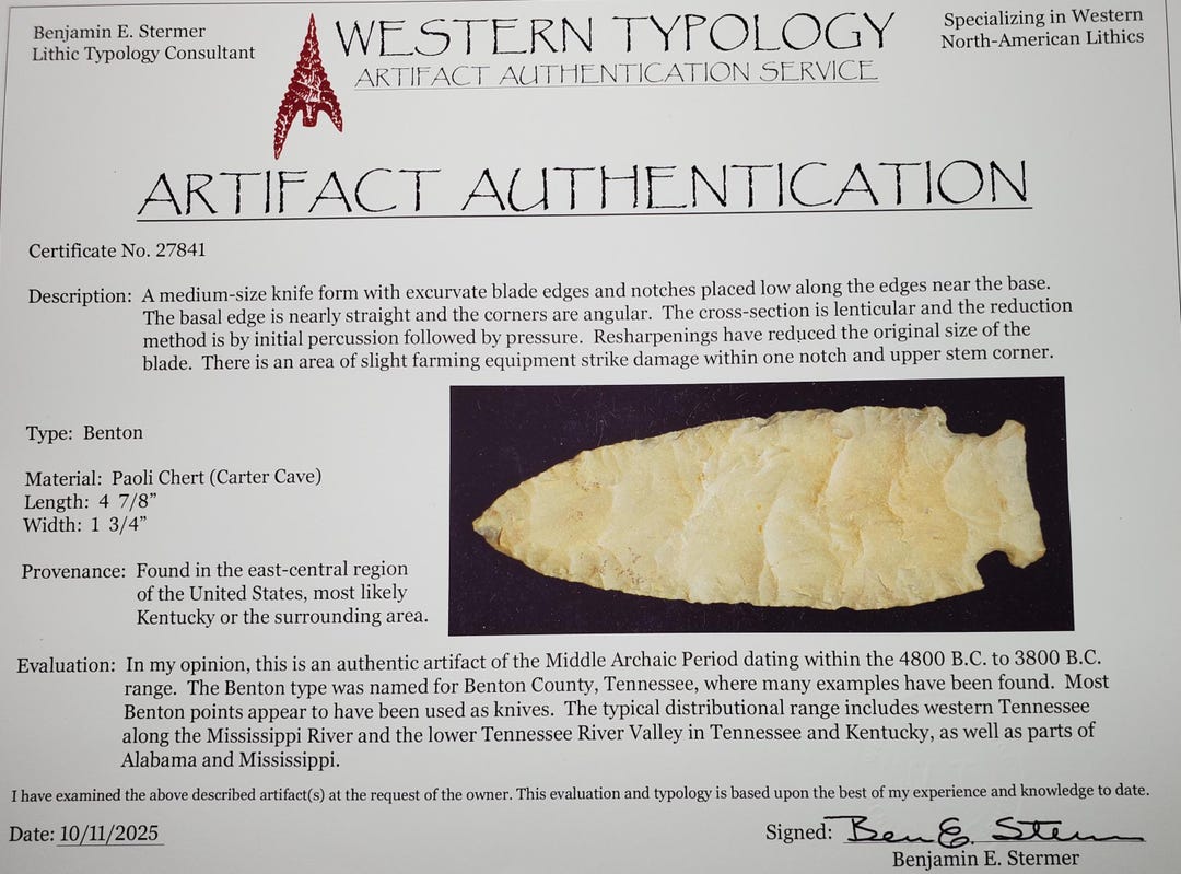 AUTHENTICATED KENTUCKY ARROWHEAD 4-7/8" Benton Mid Archaic 6800 - 5800 ...