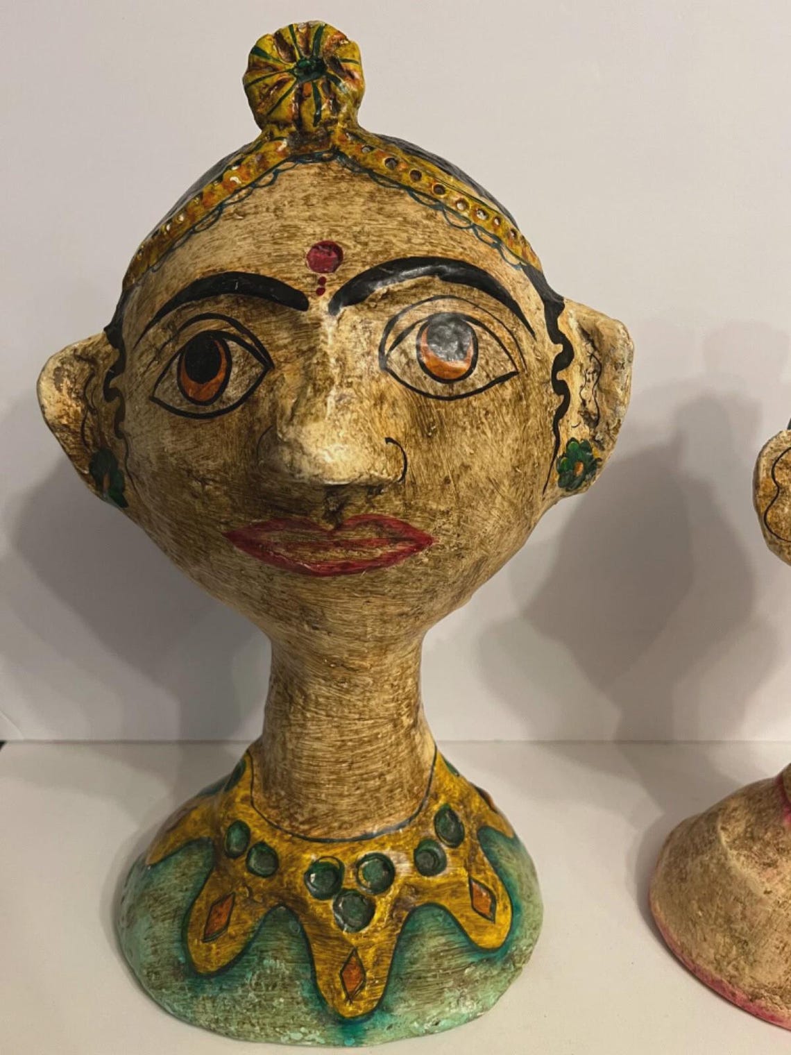 Vintage 2 Large India Papier Mache Paper Head Bust Sculpture Folk Art ...