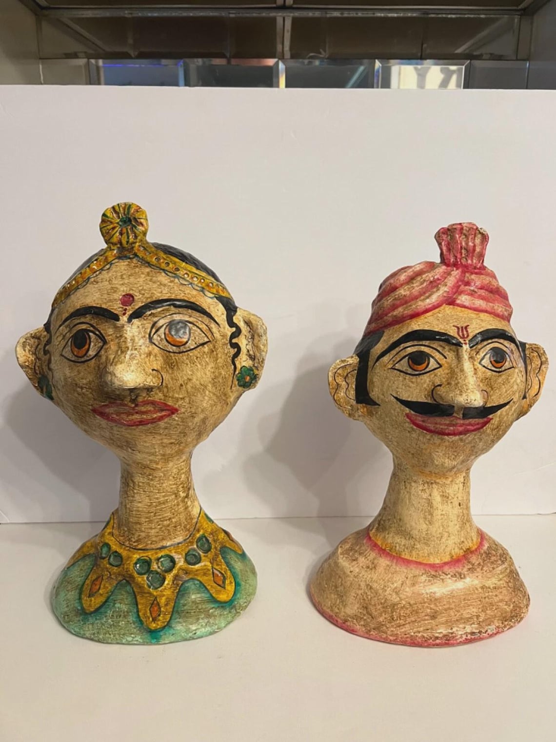 Vintage 2 Large India Papier Mache Paper Head Bust Sculpture Folk Art ...