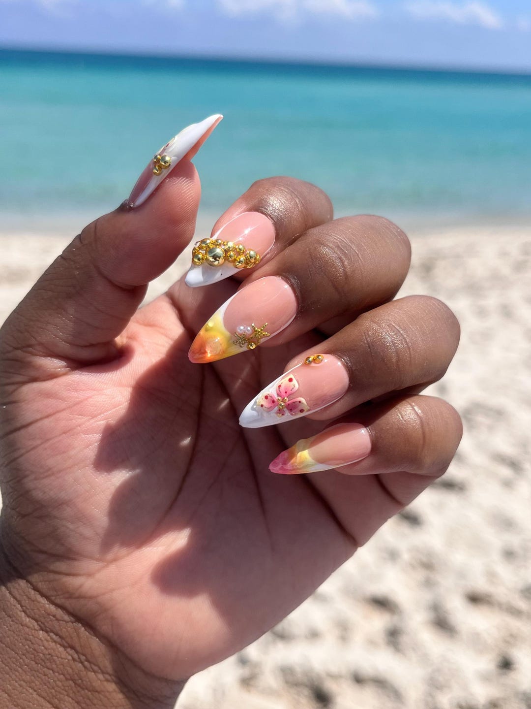 Sun Ombré |summer Nails| Flower Design Nails| Handmade Press on Nails ...
