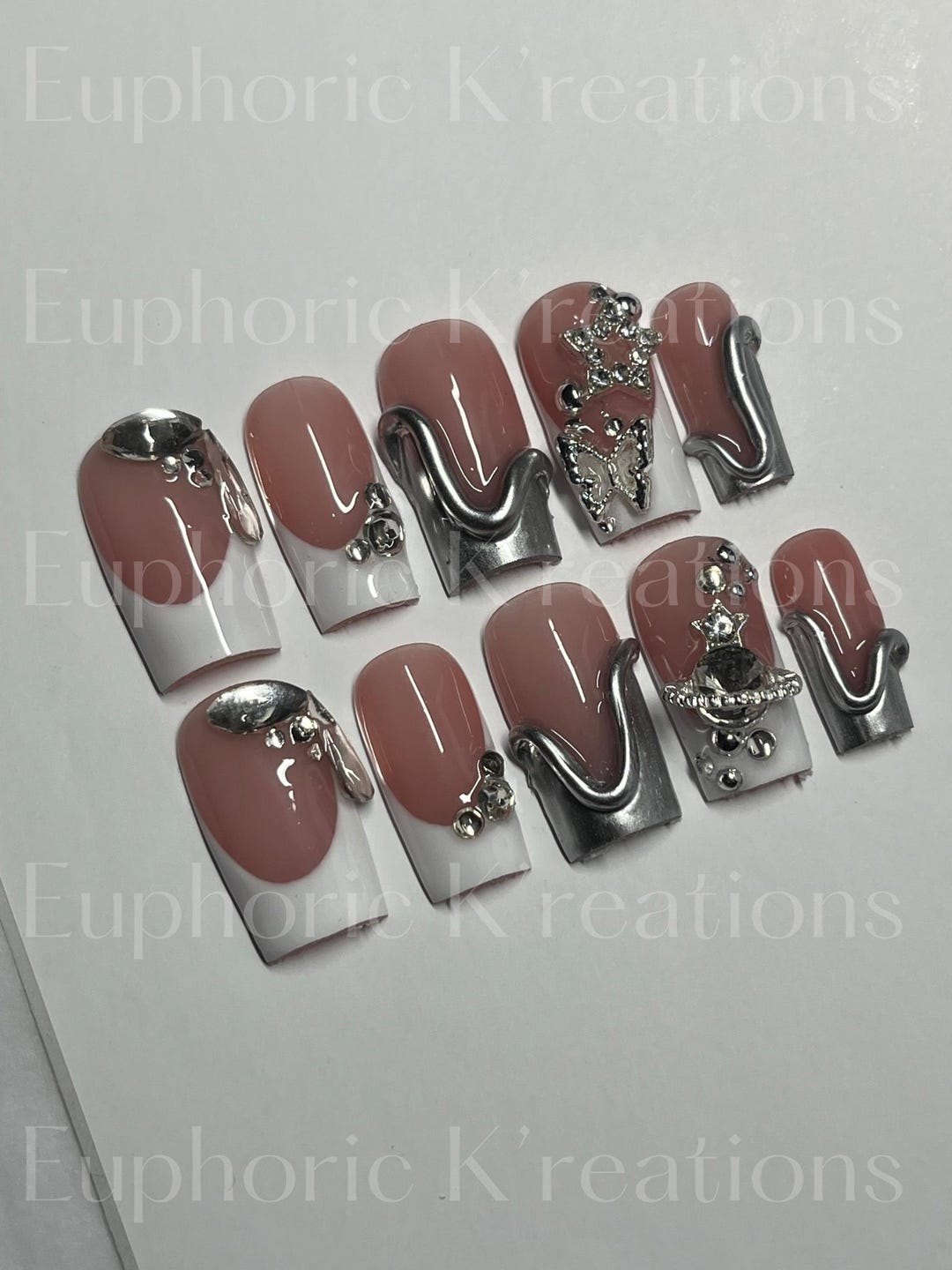 Chrome White French Tips|silver Chrome Design| Diamond Nail Set ...