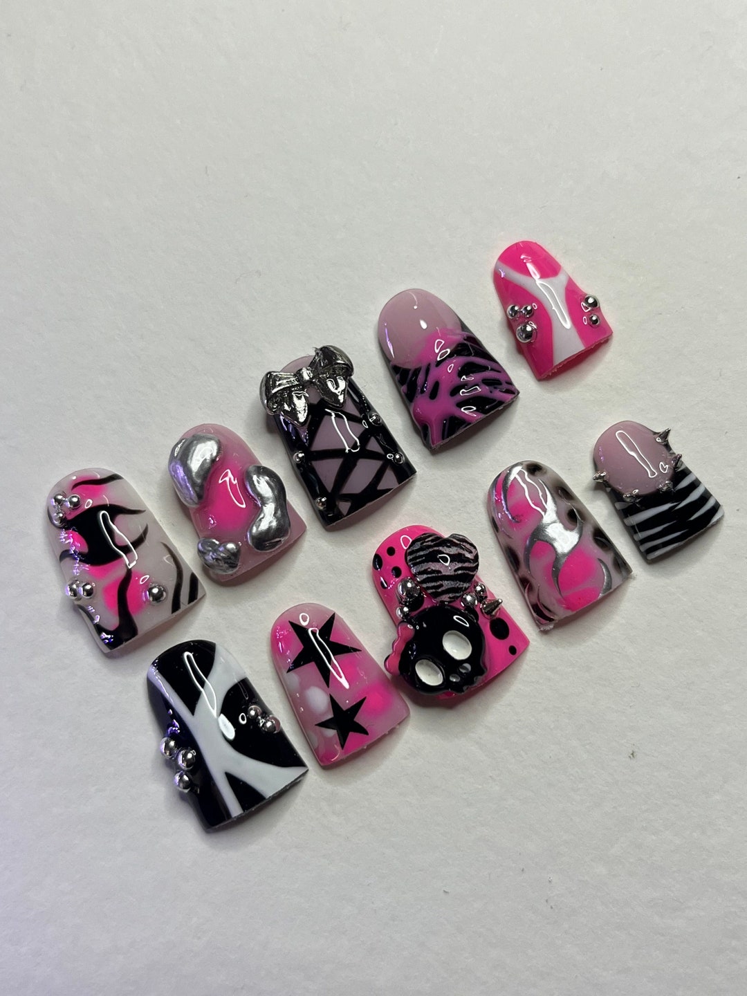 Punk Pink Style Y2K Press on Nails Handmade Grunge Pink Punk Pink ...