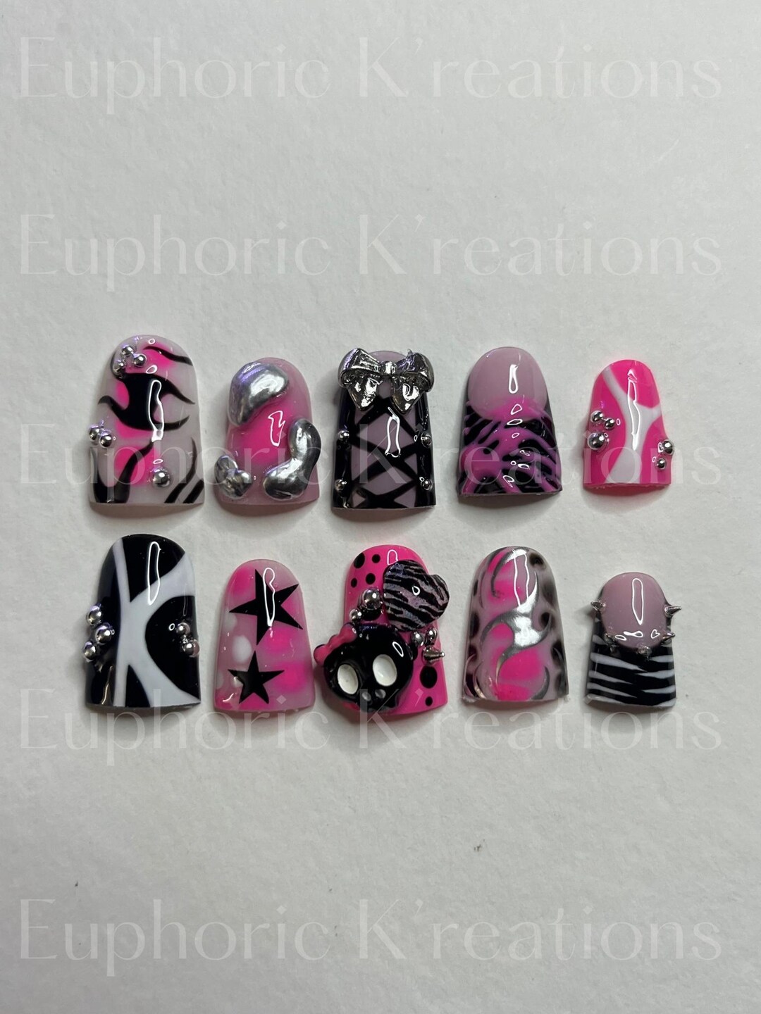 Punk Pink Style| Y2K Press on Nails| Handmade| Grunge Pink| Punk Pink ...