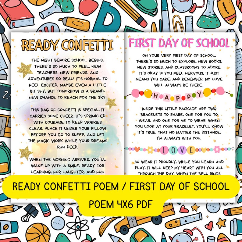 Back to School Poem Printables: Confetti, Bracelet, Pencil, Bookmark ...