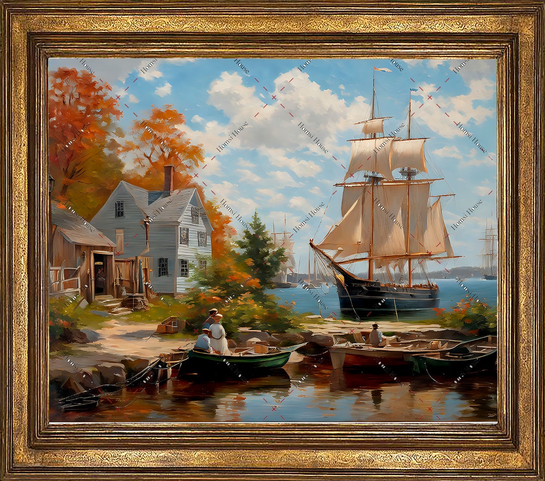 New England Ship Scene, Nautical Decor, Old Ship Print Digital Download ...