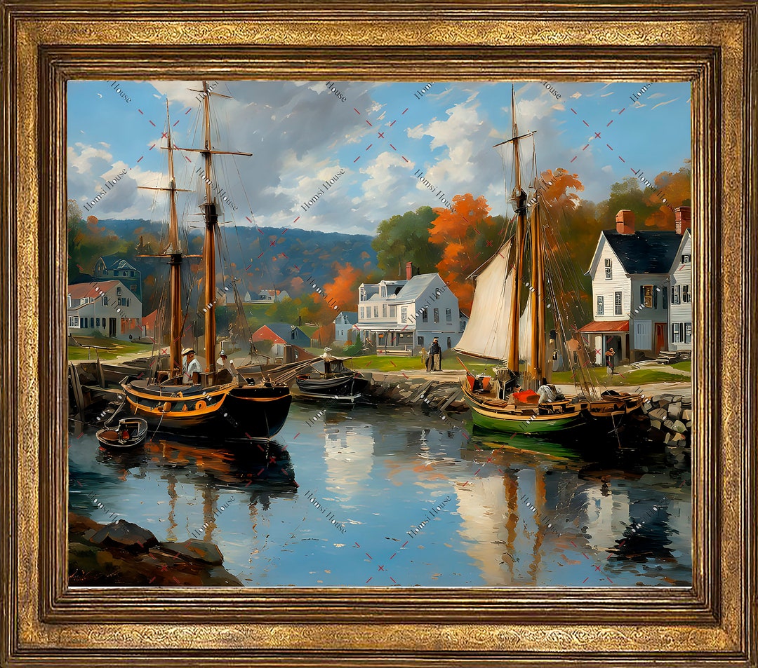 New England Ship Scene, Nautical Decor, Old Ship Print Digital Download ...