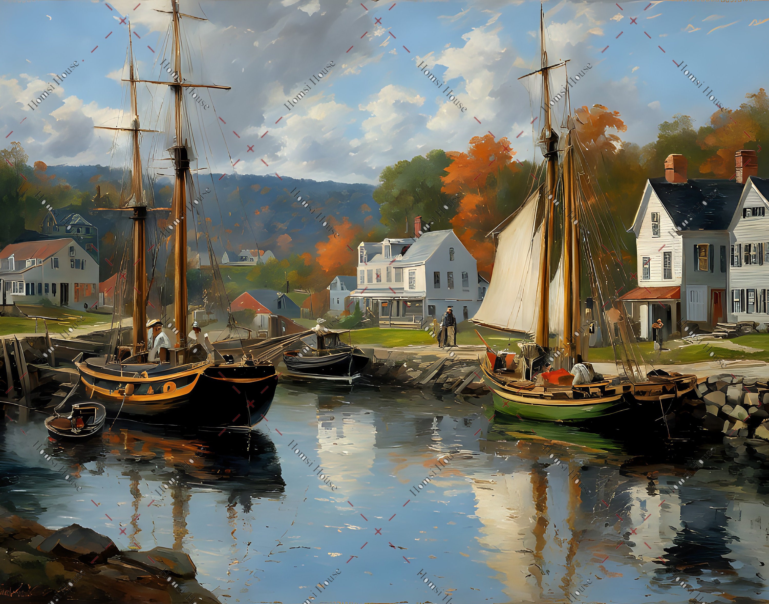 New England Ship Scene, Nautical Decor, Old Ship Print Digital Download ...