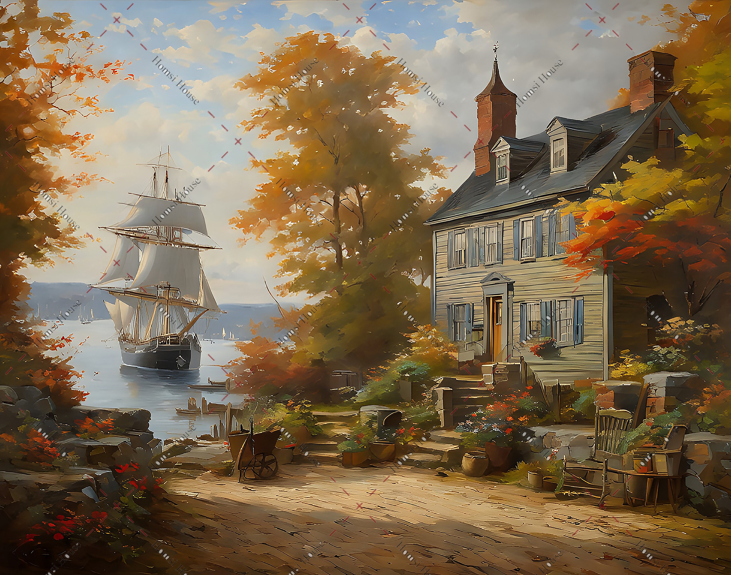 New England Ship Scene, Nautical Decor, Old Ship Print Digital Download ...