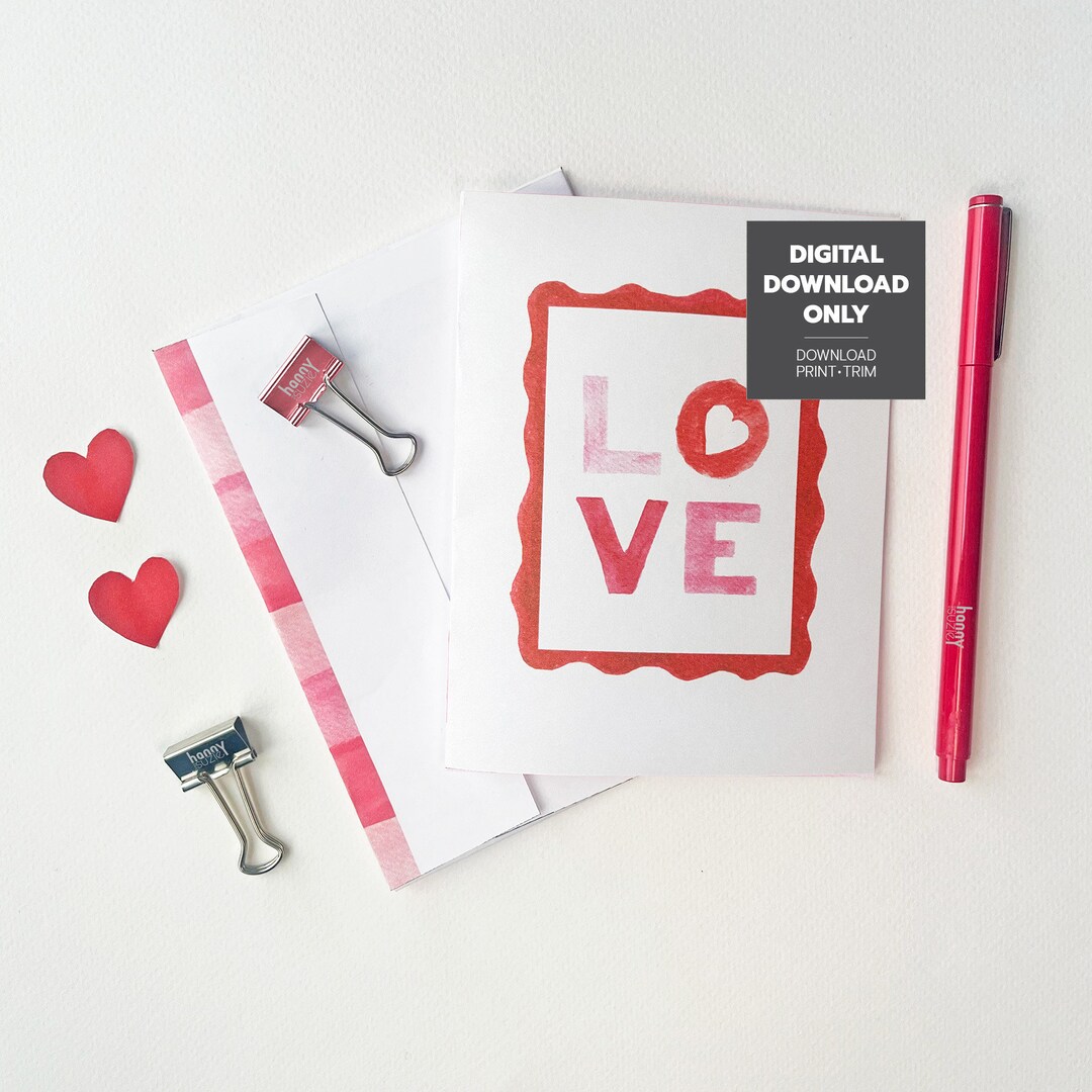 Valentines Love Printable Card, Heart Stamp Card, Instant Download - Etsy