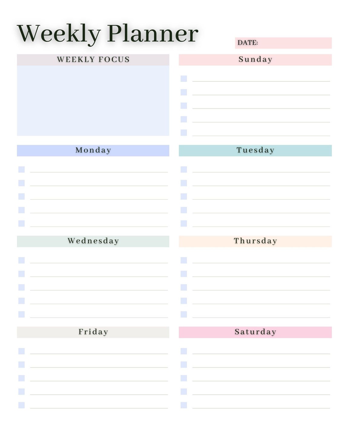 Digital Weekly Planner, Printable Planner, Letter, Digital Download ...