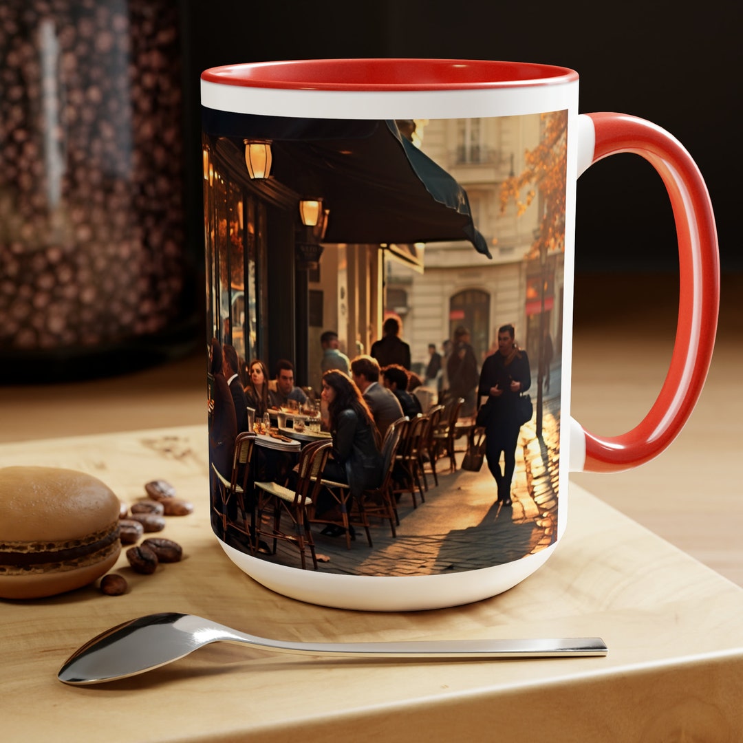 French Sidewalk Cafe Coffee Mugs - 15oz, Colorful Handle and Interior ...