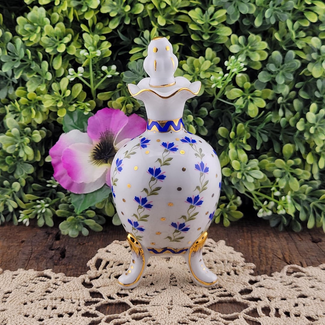 Vintage Nantucket Porcelain Perfume Bottle: Blue Floral Gold Accent - Etsy