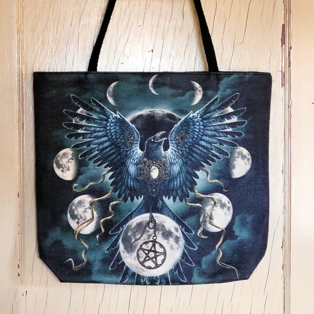 Mystic Raven Tote Bag – Moon Phases Pentacle Gothic Witchy Tote With ...
