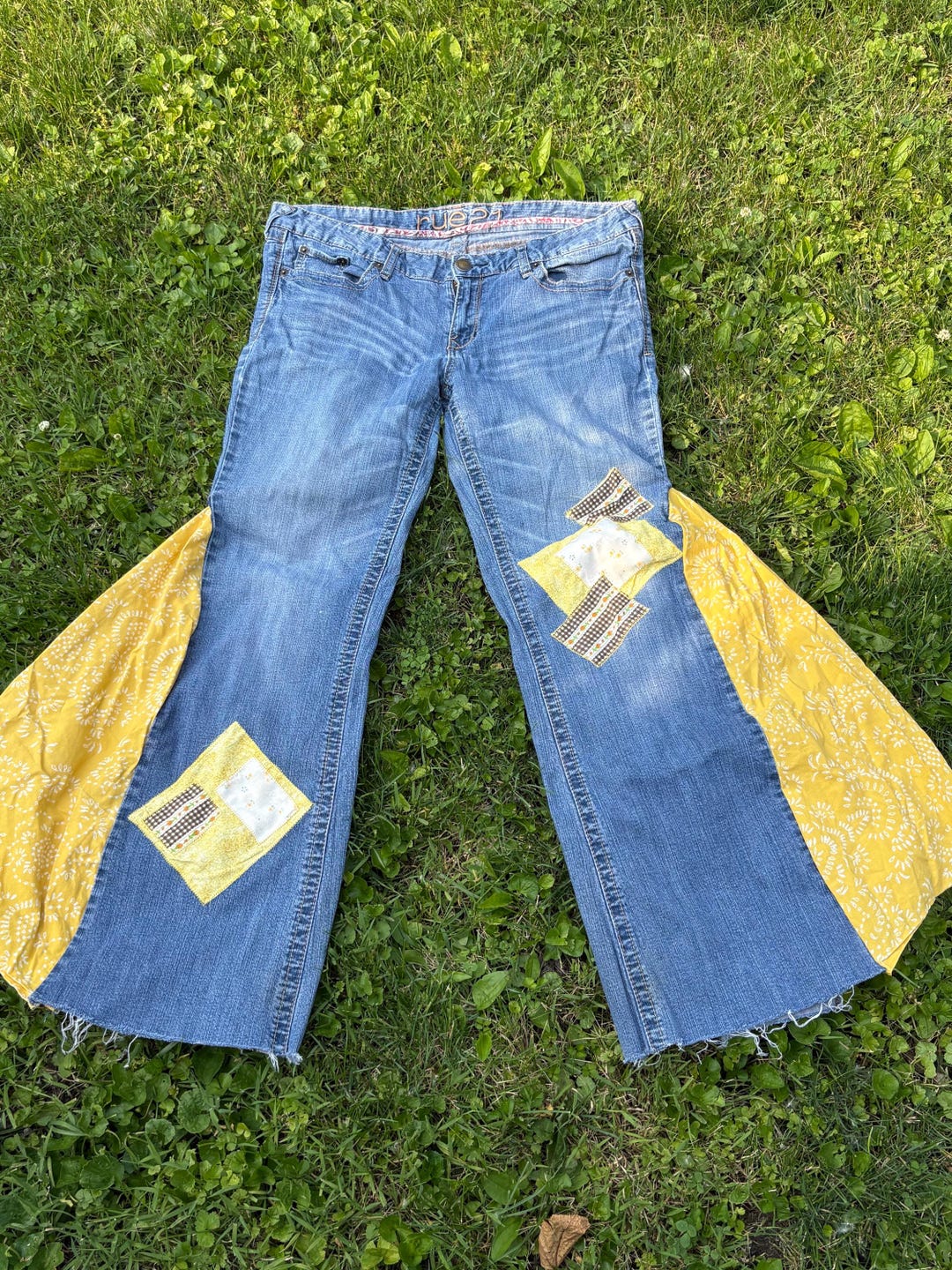 Upcycled Patchwork Bell Bottom Jeans: Yellow Floral Flare Denim, Size ...